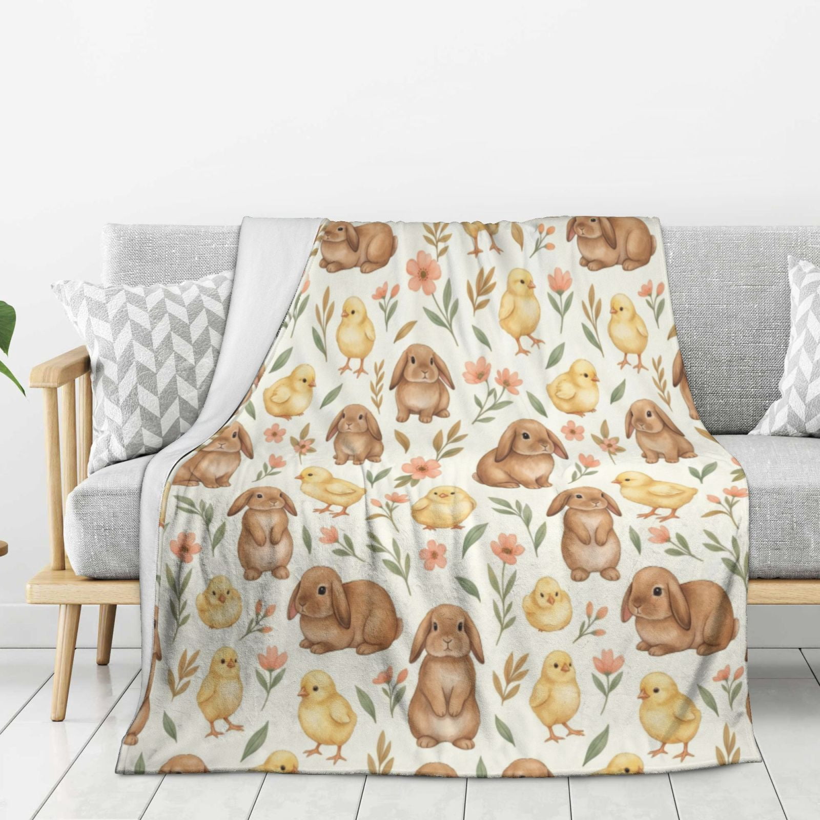 Bunny Blanket, Watercolor BunnyFloral Throw, Soft Flannel Bedding for ...