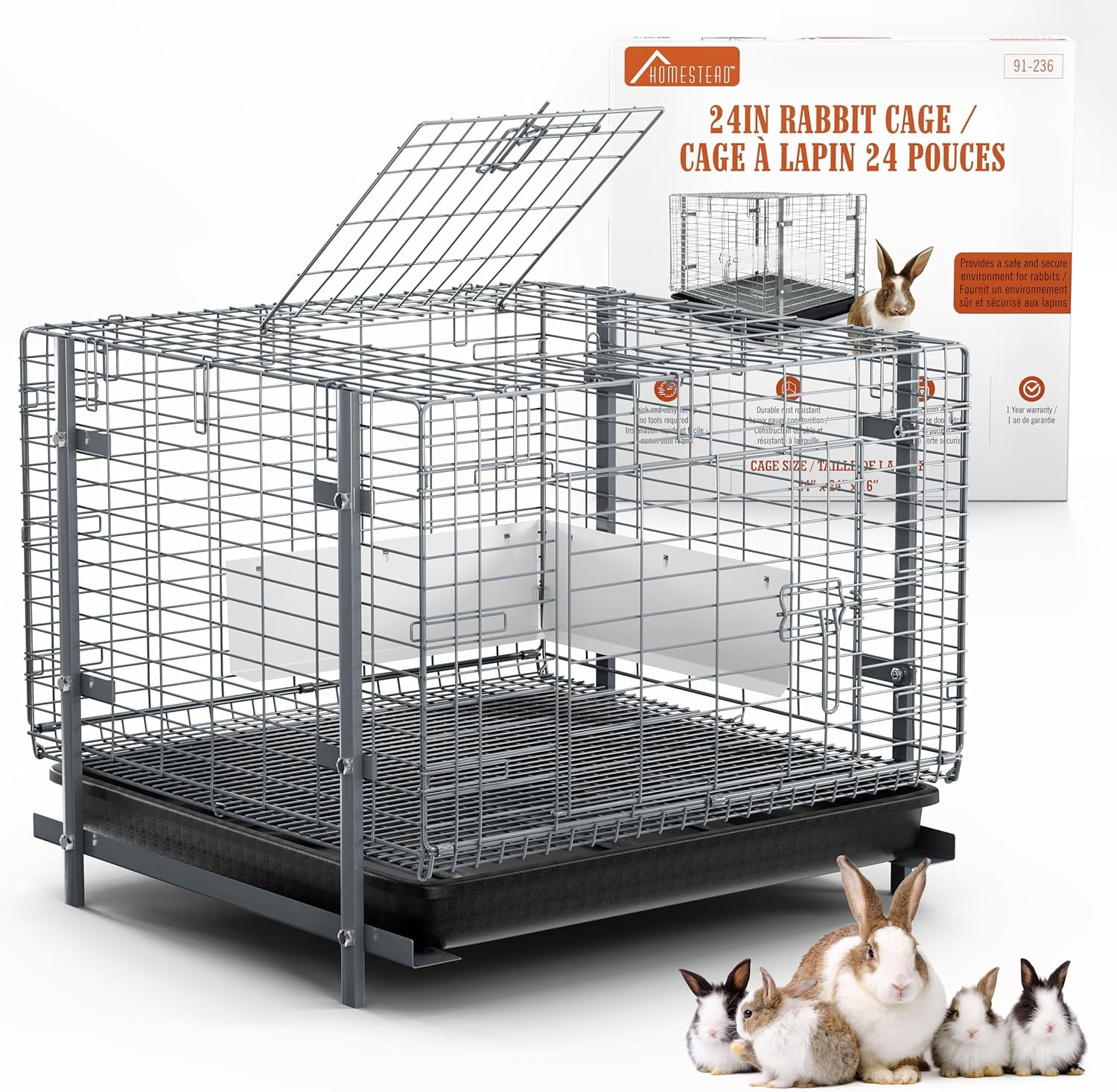 Bunny Cages with Tray - 24-inch Easy-Clean Rabbit Cage with Enhanced Kit - Leg, Frame, & Urine ...