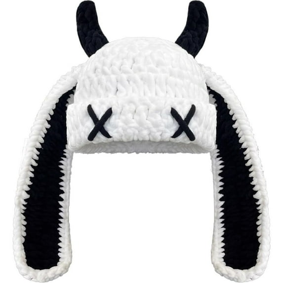Bunny Chunky Beanie with Devil Horns Chenille Crochet Hat with Long ...
