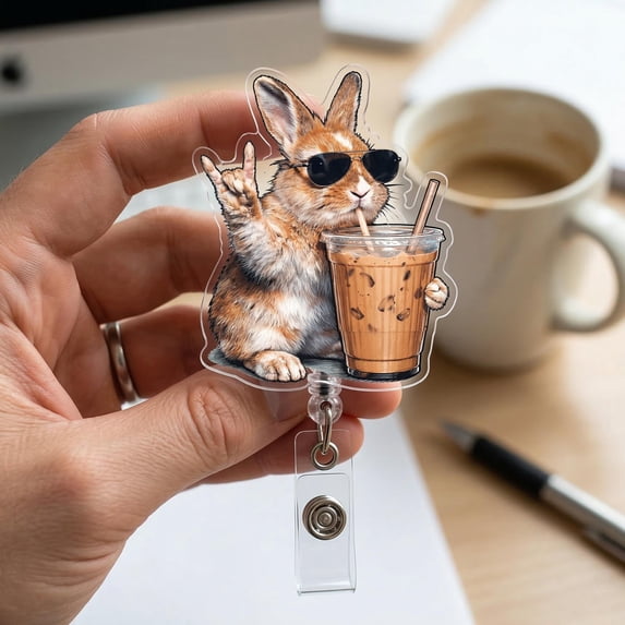 Bunny Coffee Badge Reel, Sunglasses Rabbit ID Holder, Acrylic ...