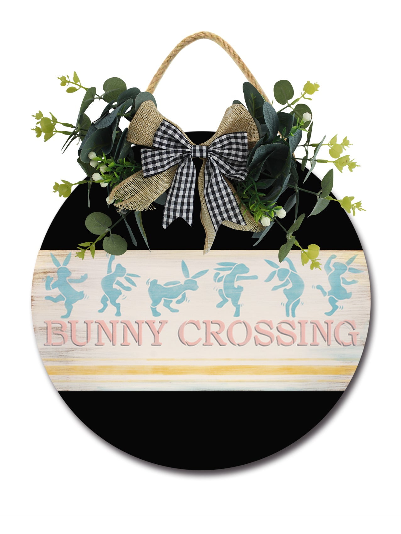 Bunny Crossing Sign Front Door Porch Decorations, Round Rustic Wood ...