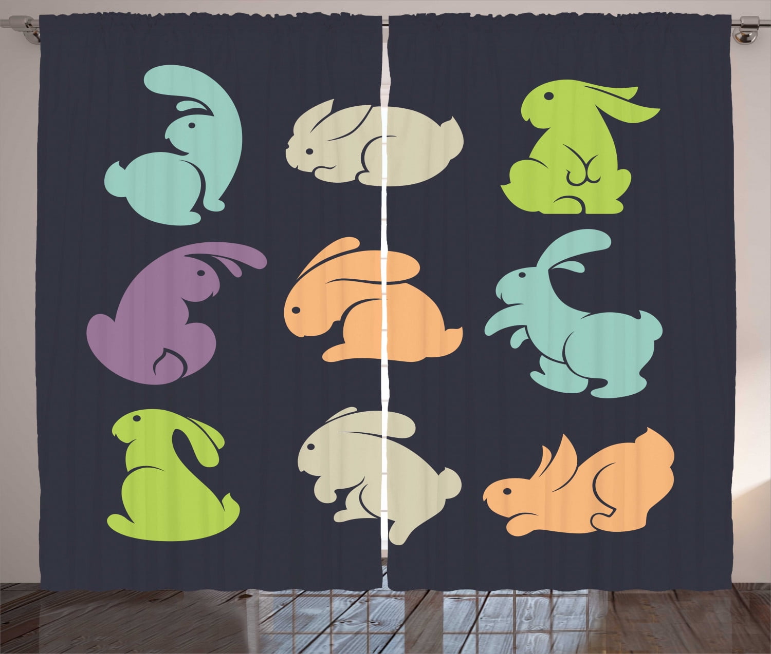 Ambesonne Bunny Curtains 2 Panel Set, Pastel Rabbit Silhouettes, 108" x ...