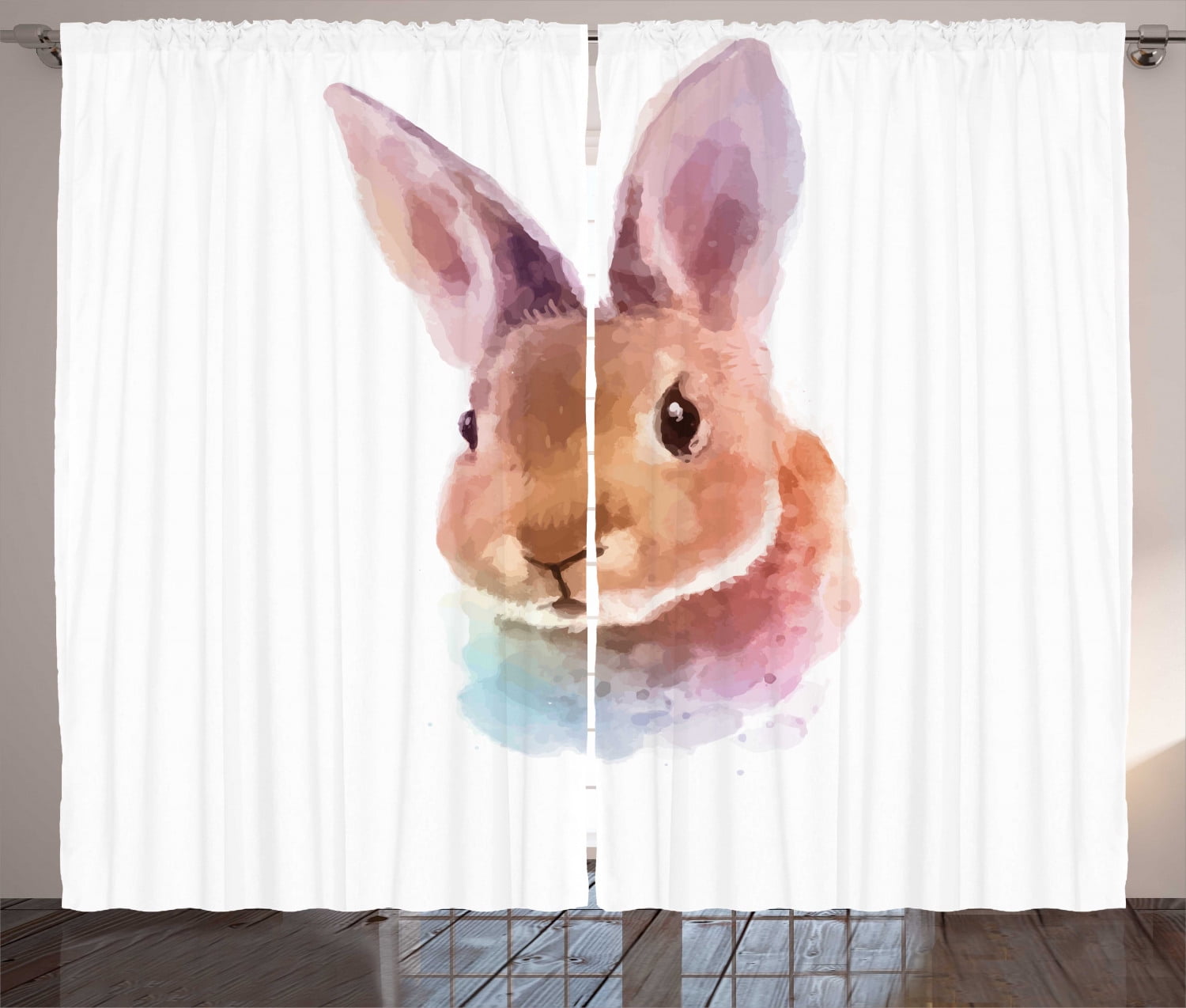 Ambesonne Bunny Curtains 2 Panel Set, Watercolor Art Rabbit Head, 108 ...