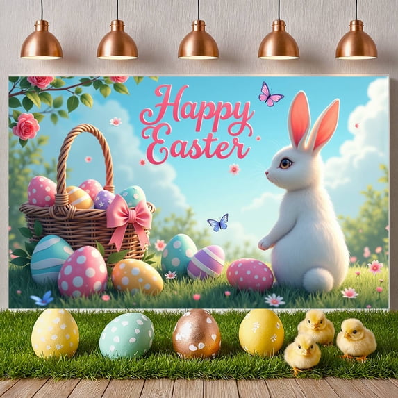 Bunny Design Easter Banner Easter Eggs Bunny Backdrop Floral Decor Pink ...
