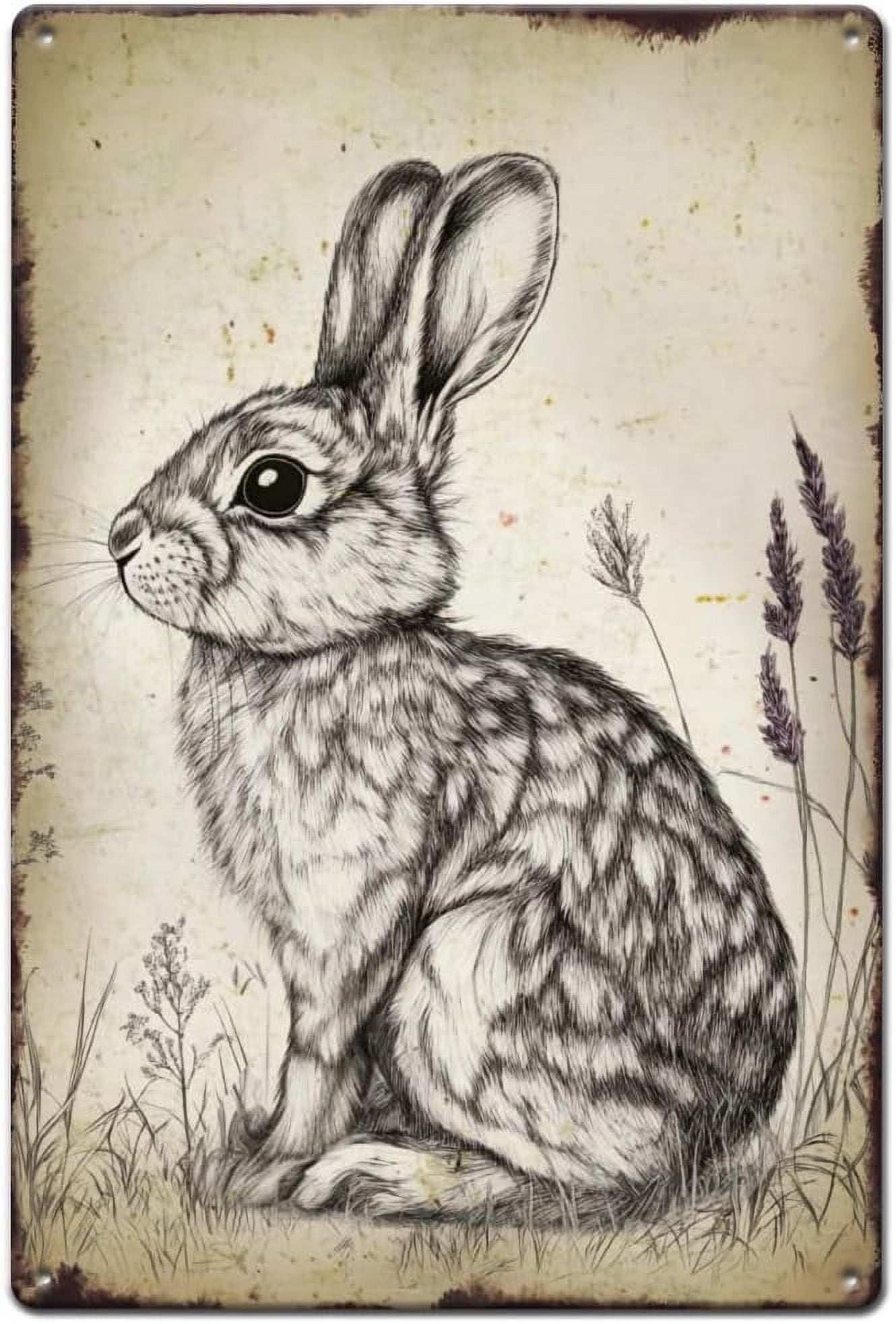 Bunny Drawing Tin Sign Cute Rabbit Metal Tin Sign Rabbit in the Grass ...