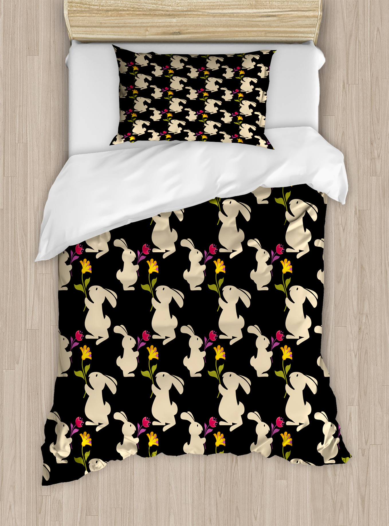 Bunny Duvet Cover Set, Eastern Concept Pattern with Beige Silhouette ...
