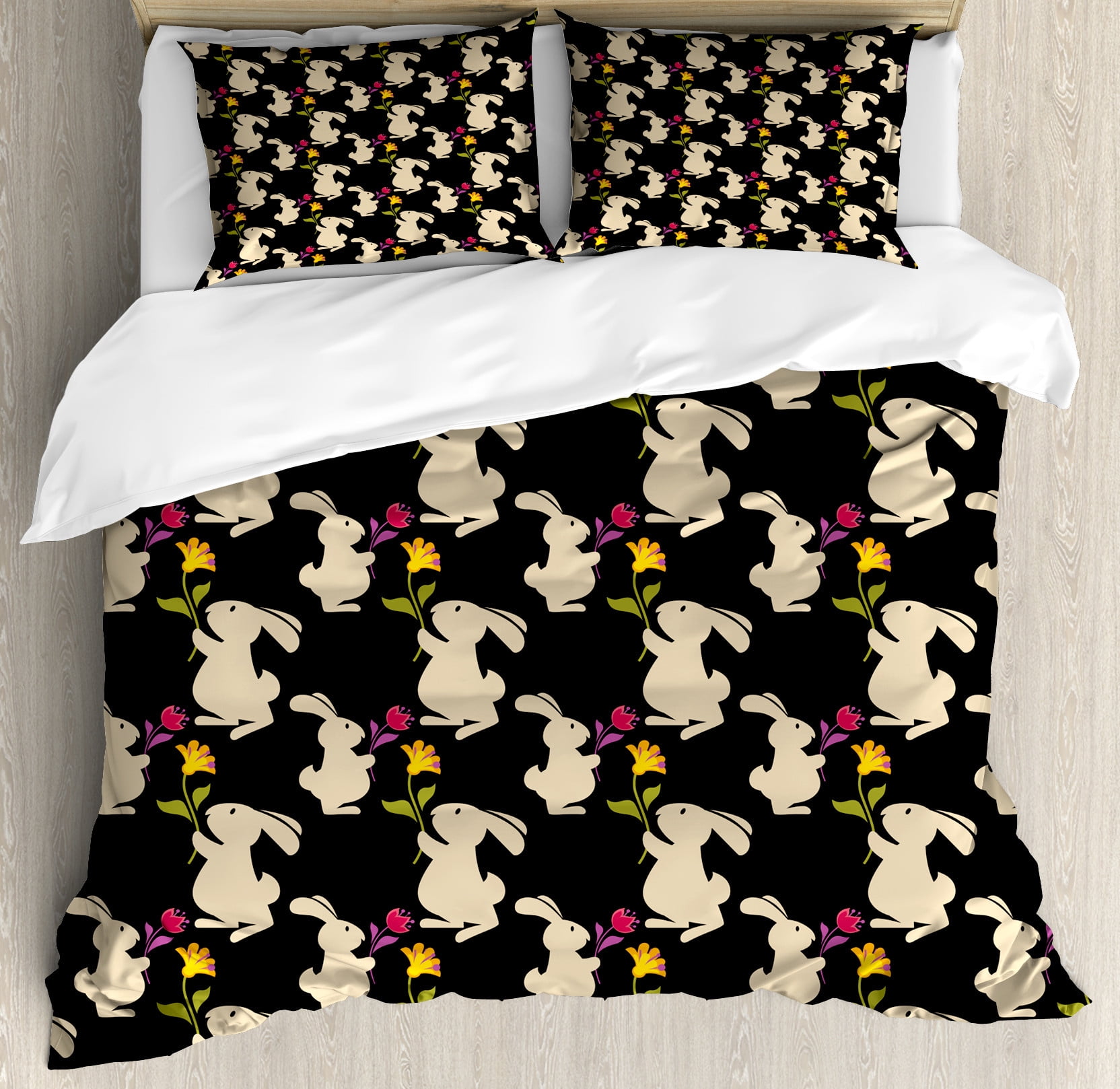 Bunny Duvet Cover Set, Eastern Concept Pattern with Beige Silhouette ...
