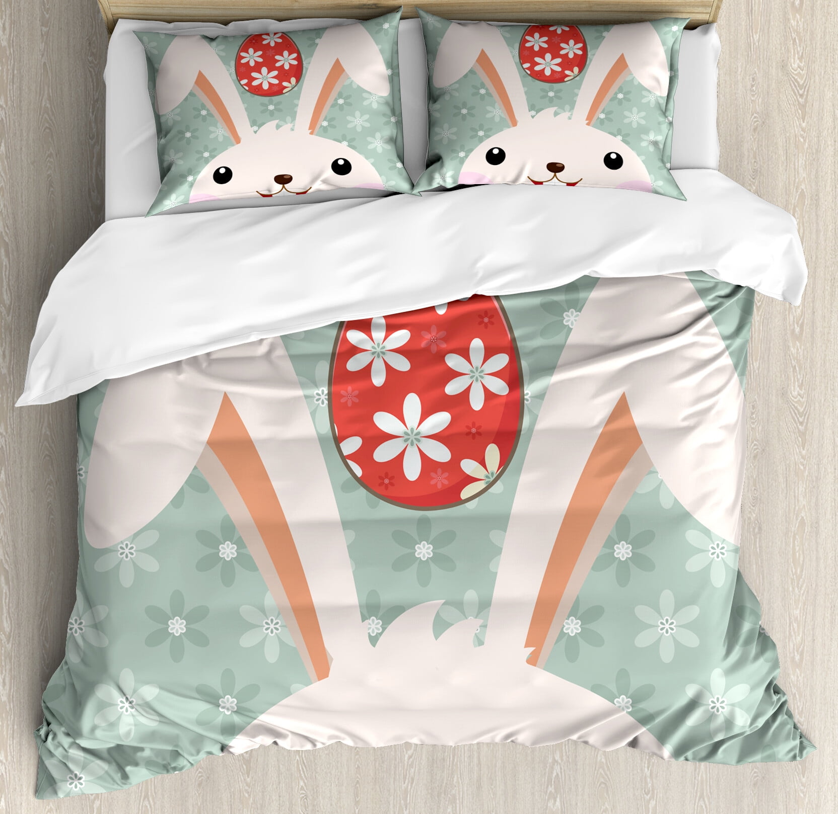 Bunny Duvet Cover Set, Eastern Inspired Cartoon Illustration of a Funny ...