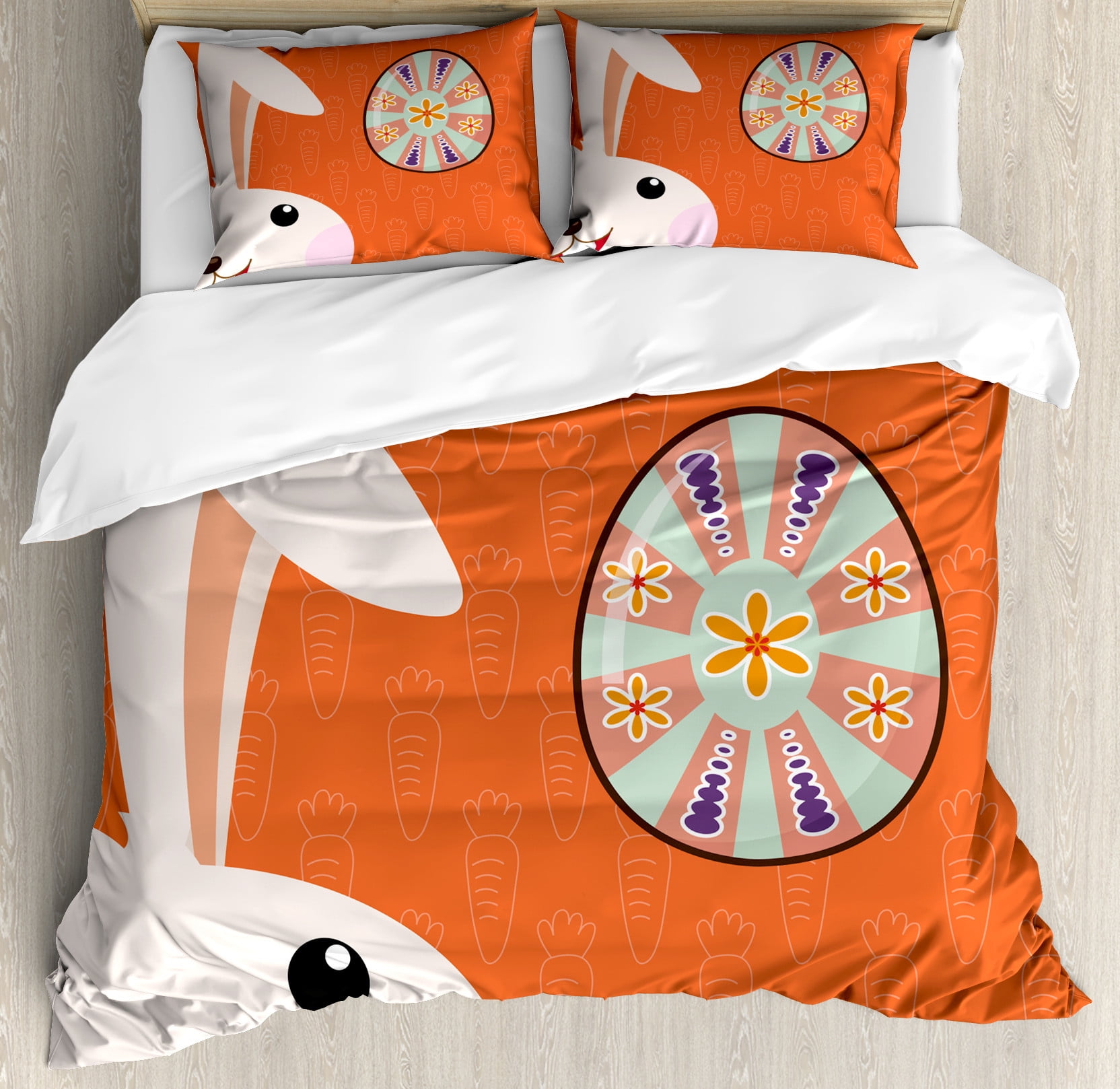 Bunny Duvet Cover Set, Simplistic Doodle Rabbit with Floral Ornamental ...