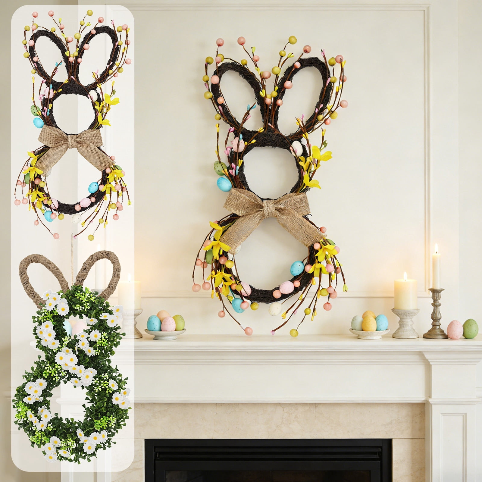 Bunny Ear Floral Wreath, Spring Door Hanging Decor, Welcoming Easter ...