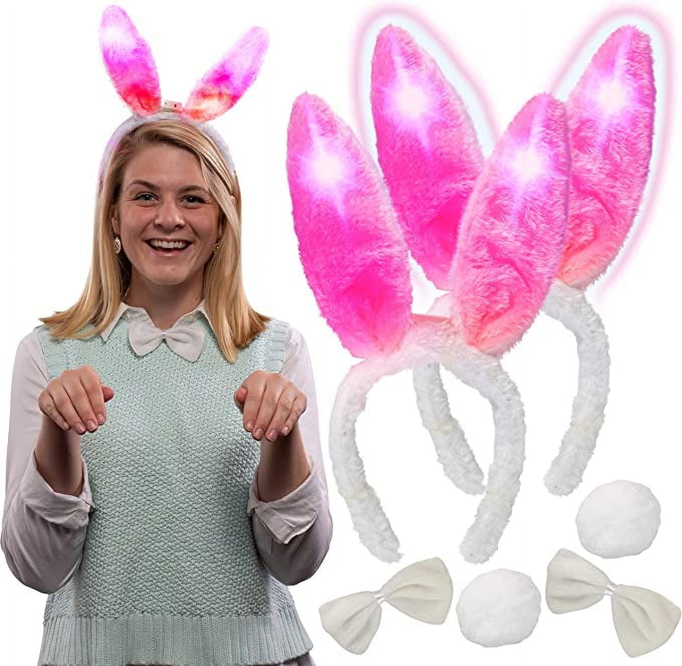 Bunny Ears 3 pc Costume Set, 2 PK- Blinking LED Ears Bowtie Tail Outfit ...
