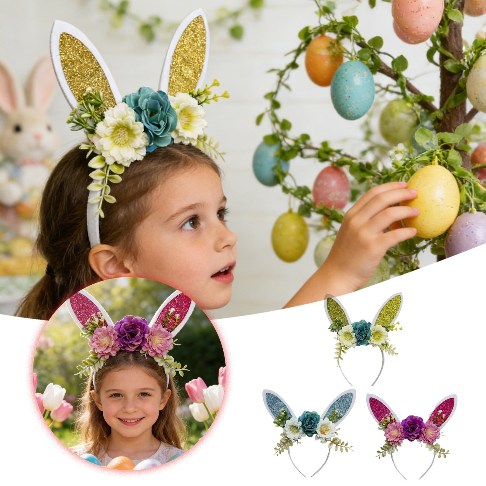 Bunny Ears Headband for Easter, Floral Spring Headpiece with Rabbit ...