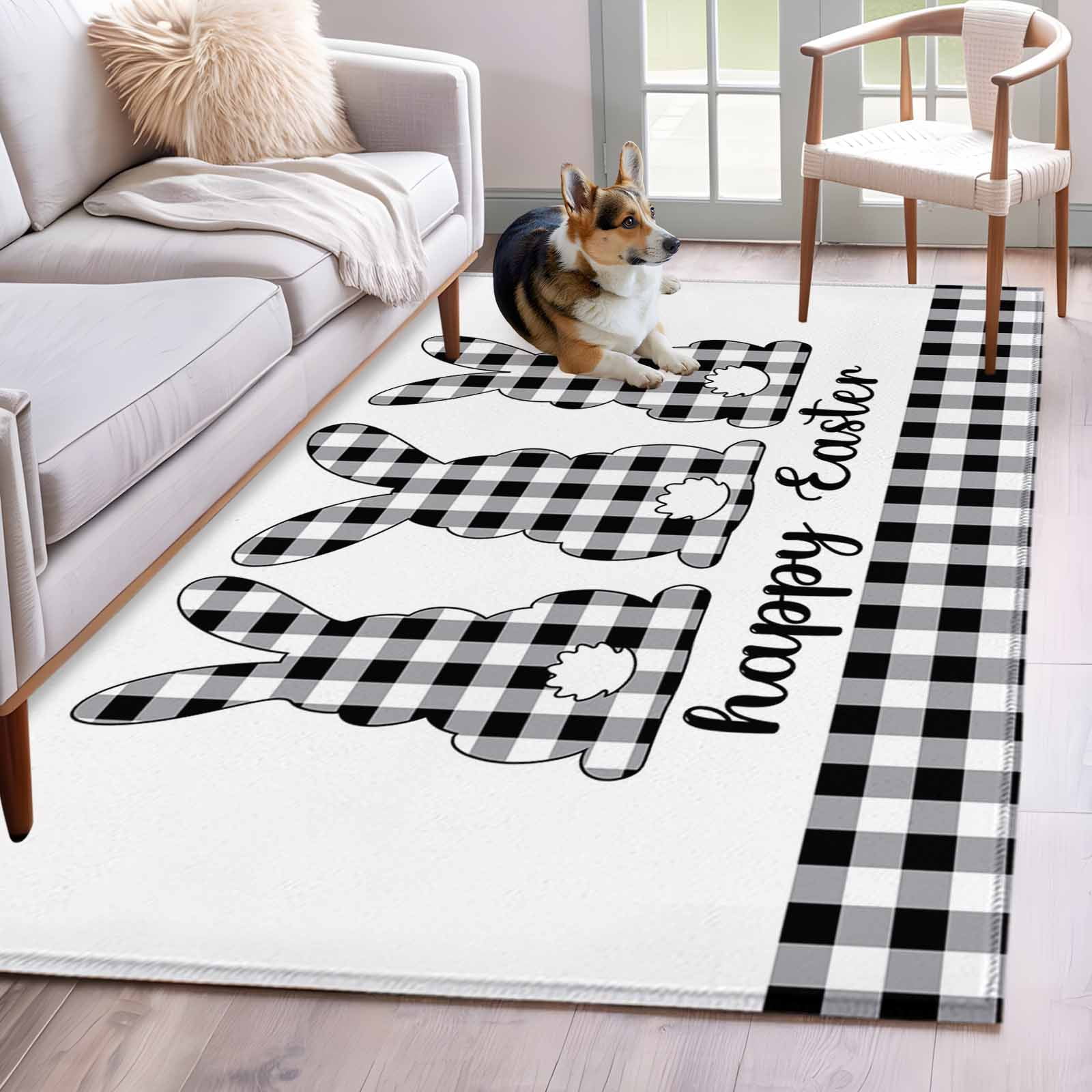 Bunny Easter Area Rug 3x5 Washable Rug Non Slip Black White Plaid ...