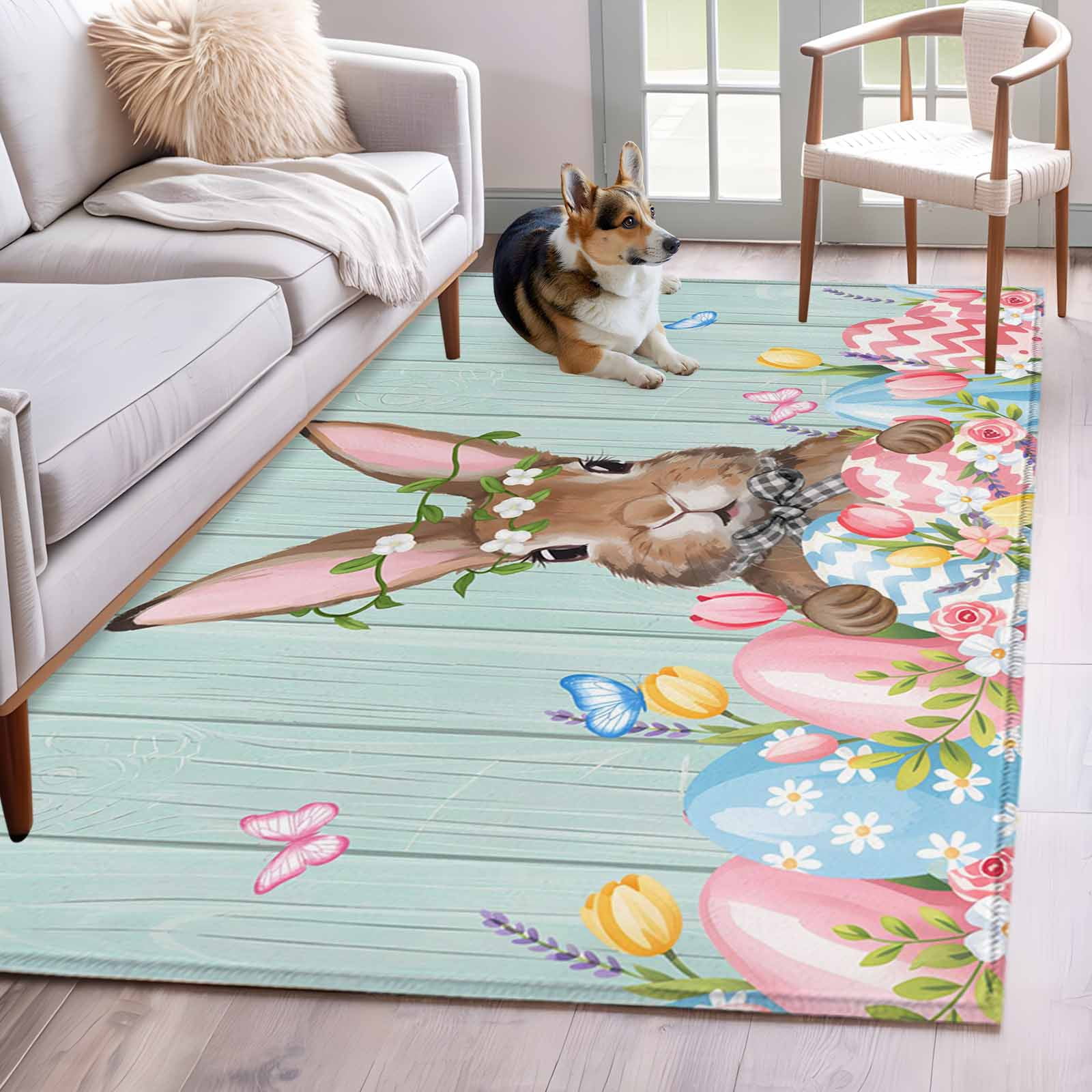 Bunny Easter Area Rug 3x5 Washable Rug Non Slip Pink Blue Eggs Tulips ...