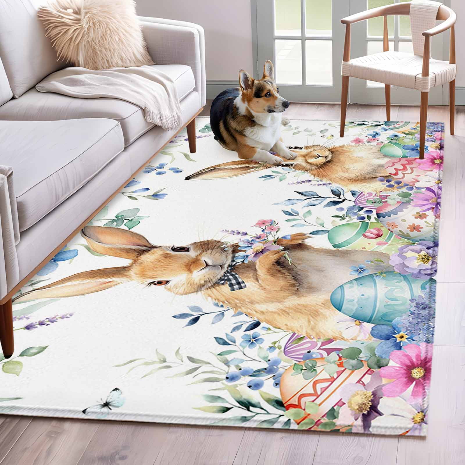 Bunny Easter Area Rug 3x5 Washable Rug Non Slip Spring Floral Eggs ...