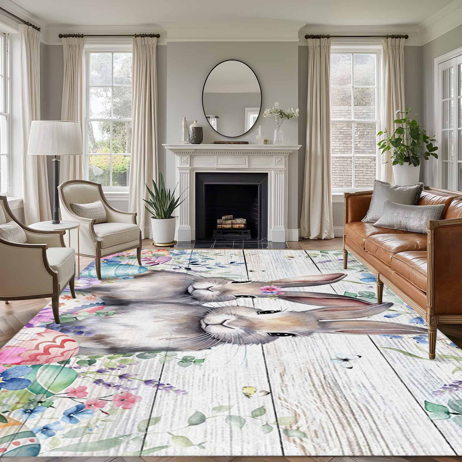 Bunny Easter Area Rug 5x8 Washable Rug Non Slip Eucalyptus Leaves ...