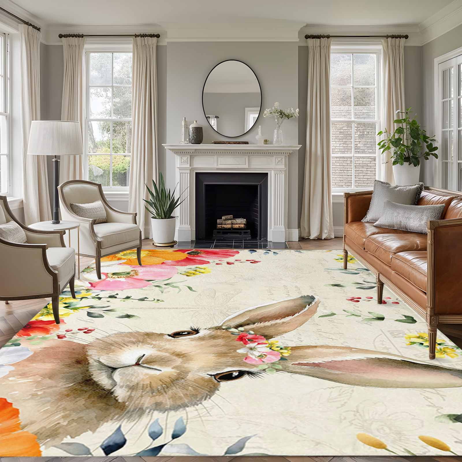 Bunny Easter Area Rug 6x9 Washable Rug Non Slip Eucalyptus Spring ...