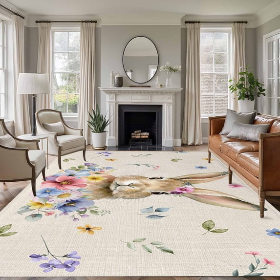 Bunny Easter Area Rug 6x9 Washable Rug Non Slip Spring Floral Pastoral ...