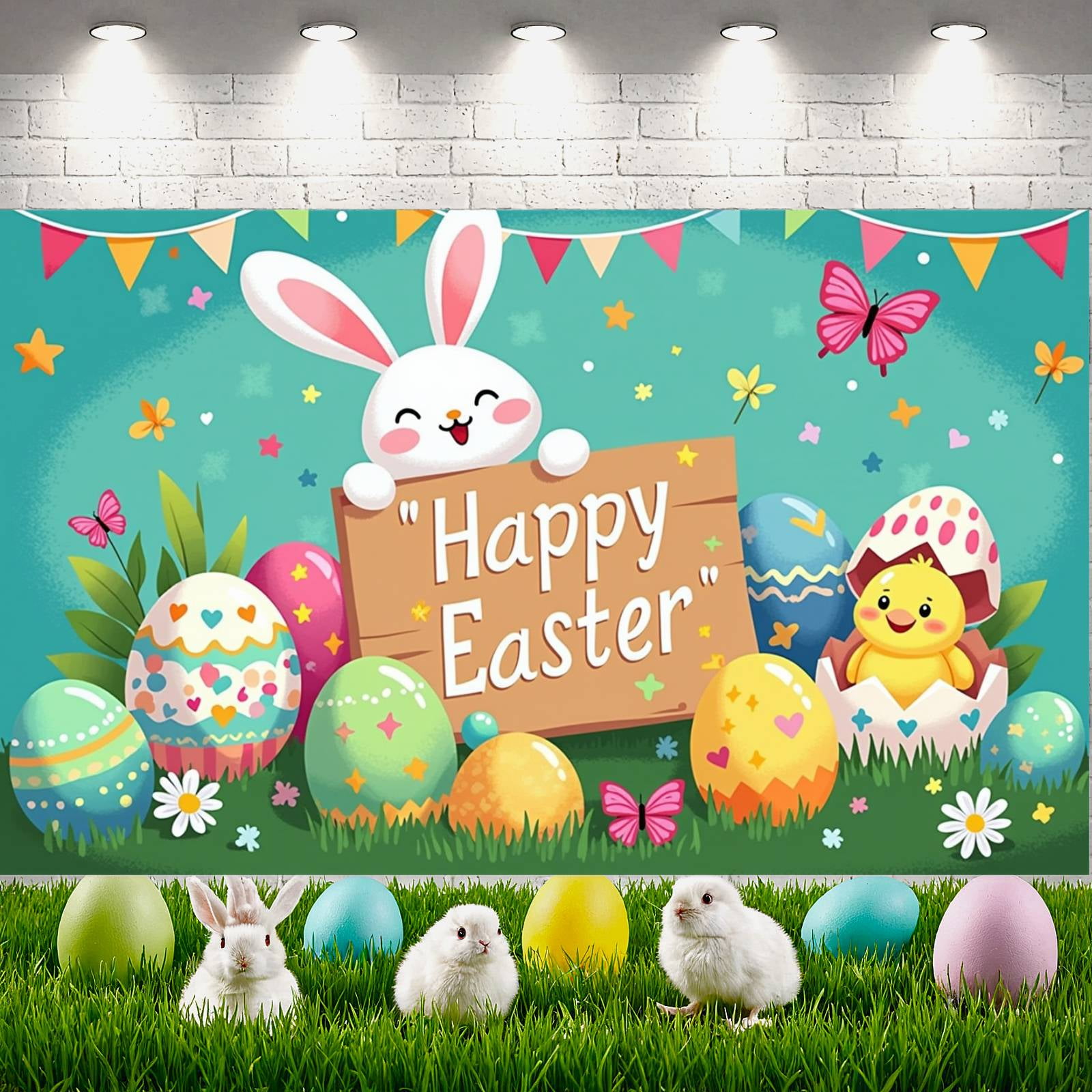 Bunny Easter Banner Colorful Eggs Happy Easter Display Butterflies ...