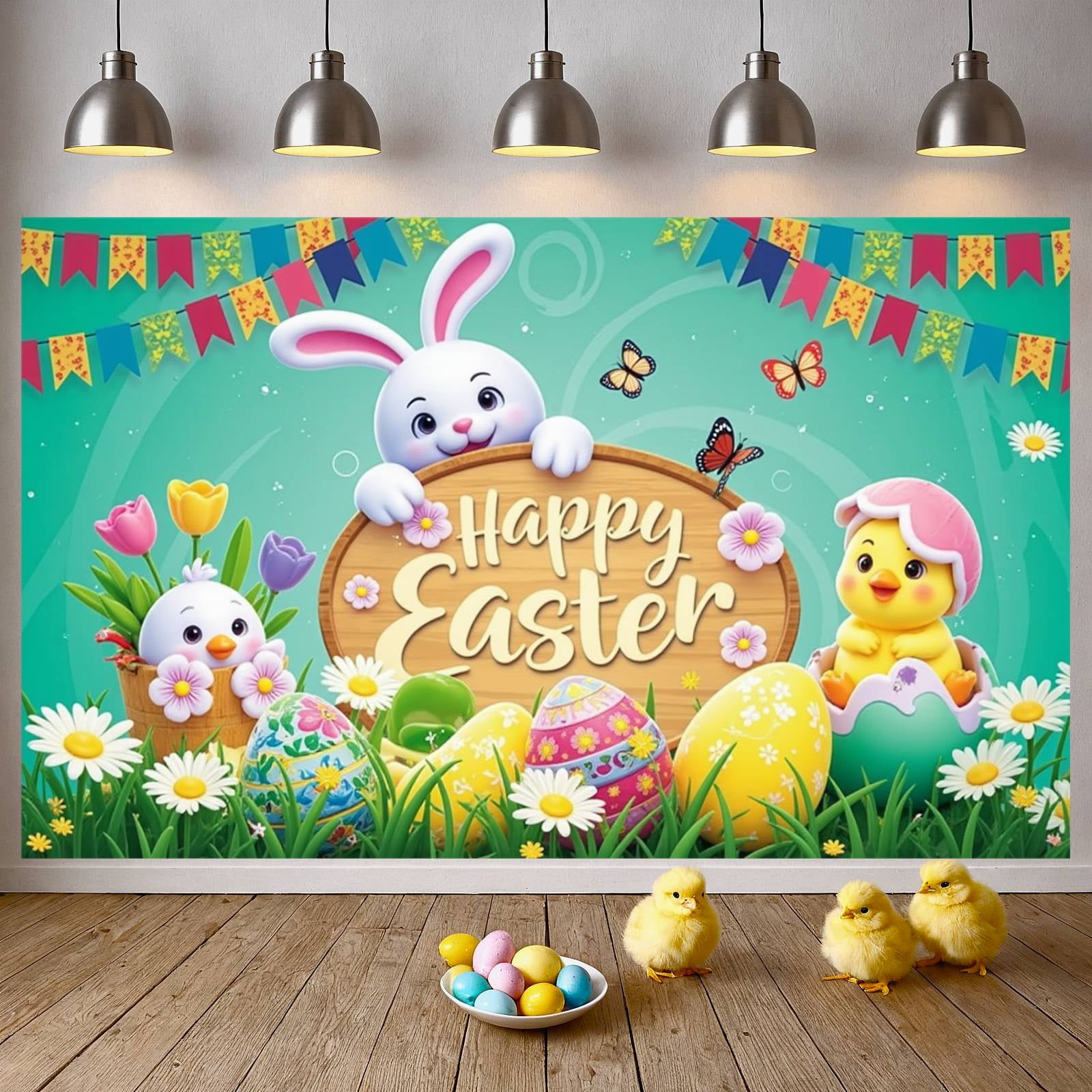 Bunny Easter Banner Colorful Eggs Happy Easter Display Butterflies ...