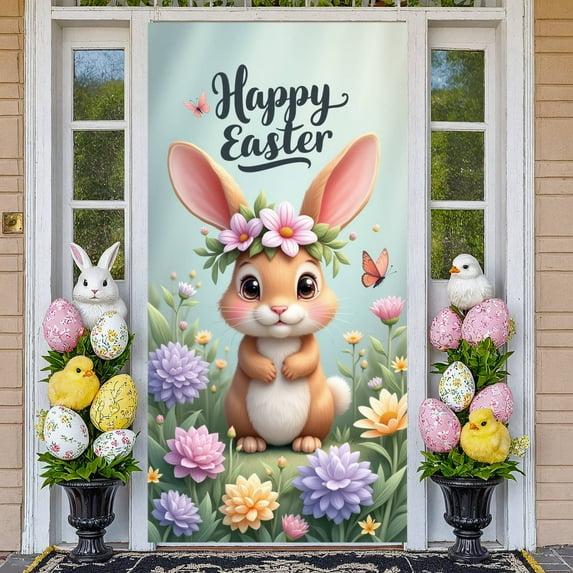 Bunny Easter Banner Floral Happy Easter Display Pink Flowers Green ...