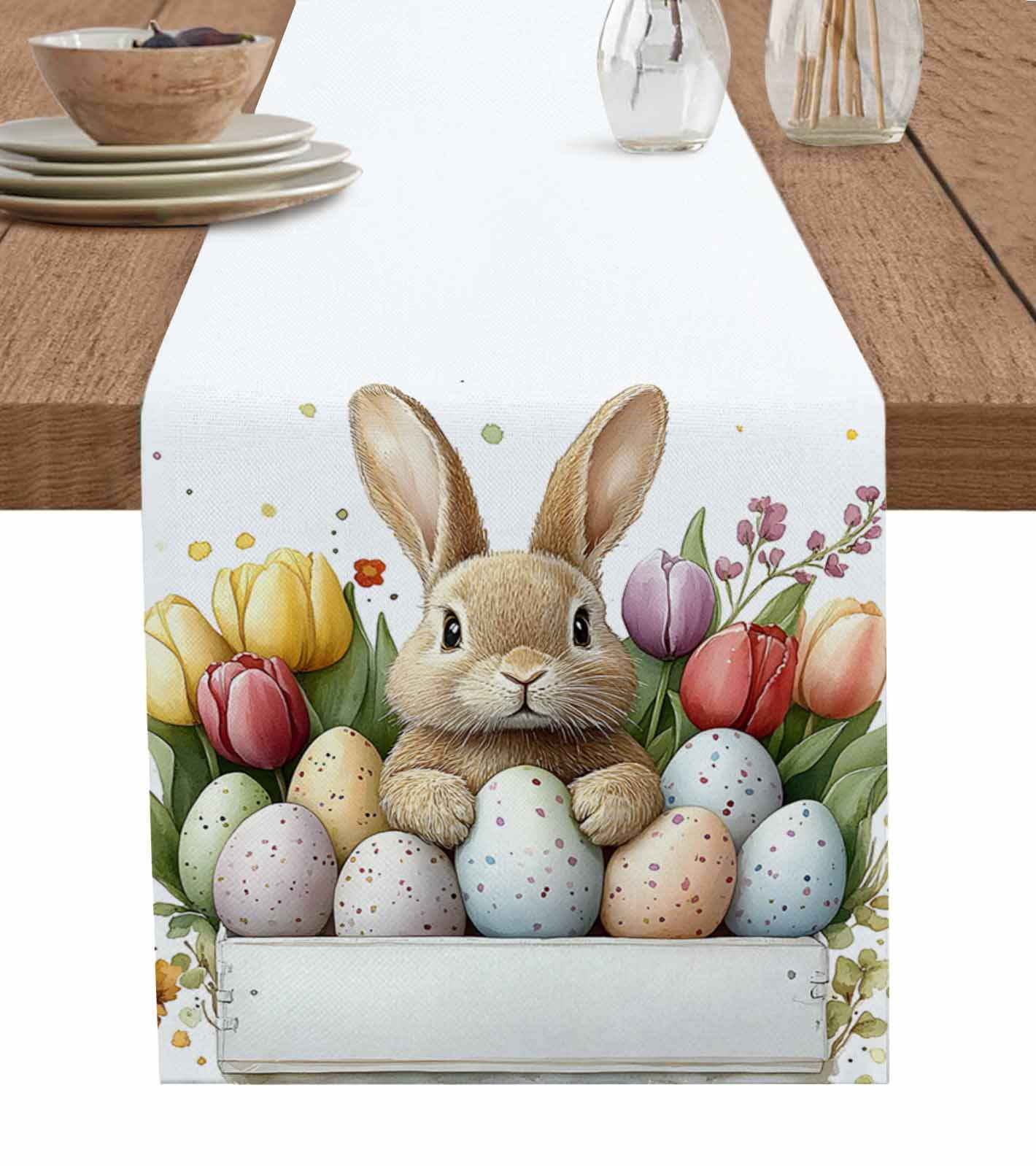 Bunny Easter Burlap Cotton Table Runner 13x72 Inches Long, Eggs Spring ...