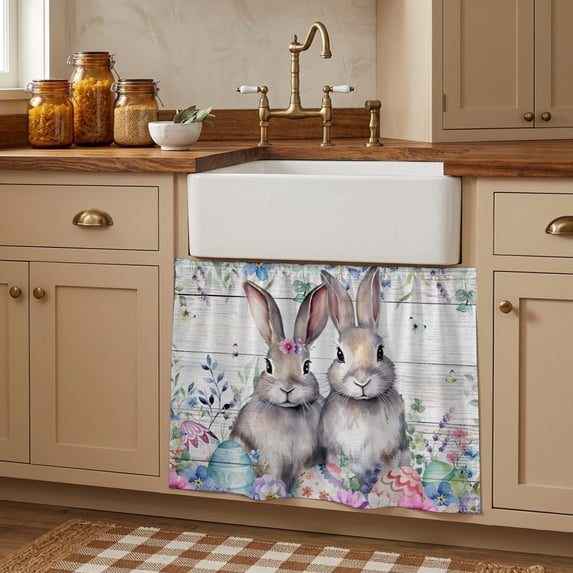 Bunny Easter Cabinet Curtains 27.6"W x 35.4"L, Eucalyptus Leaves Spring ...