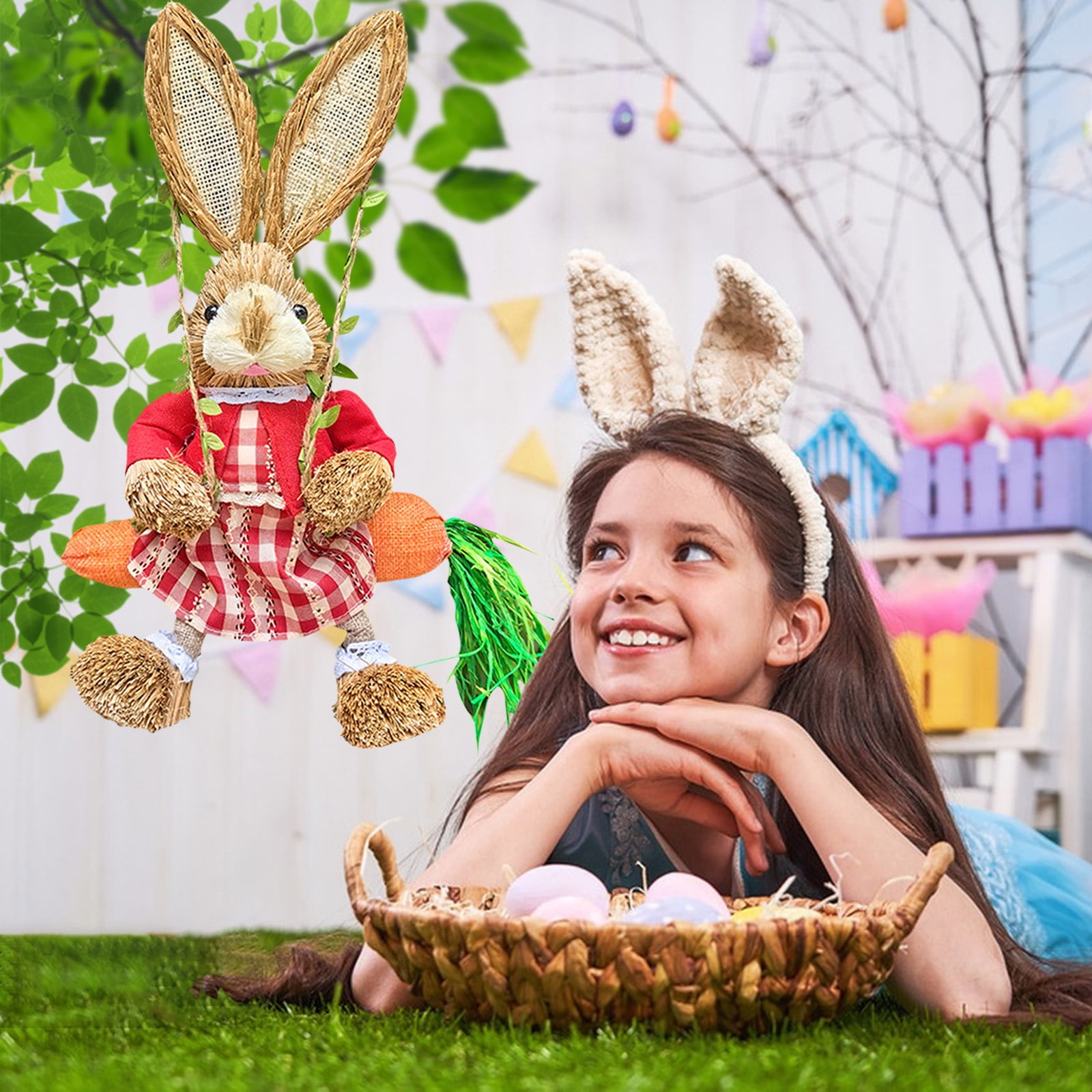 Bunny Easter Decor Natural Woven Bunny Figurine Spring Decor Bow Easter ...