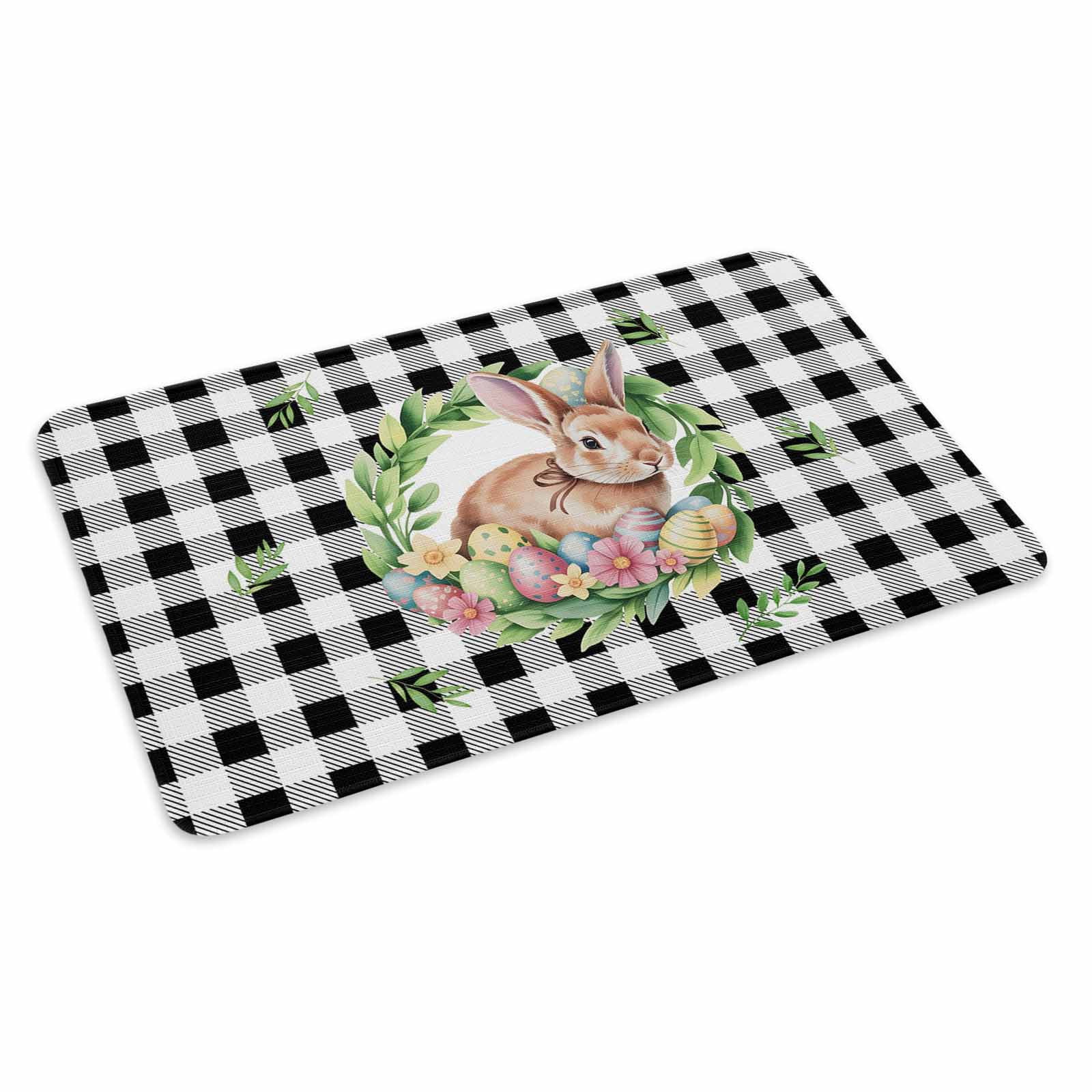 Bunny Easter Doormat Outdoor Entrance 16"x24", Eggs Spring Floral Black ...