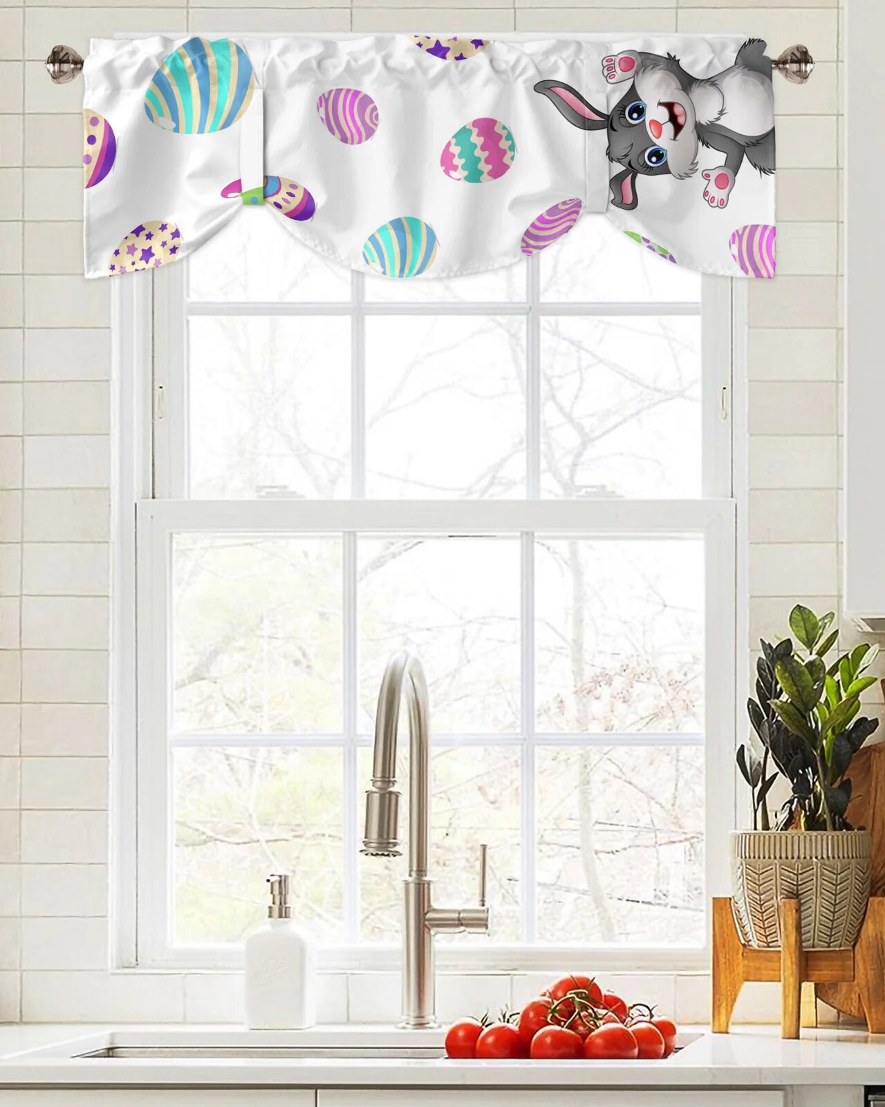 Bunny Easter Egg Rabbit Short Window Curtain Adjustable Tie Up Valance for Living Room Kitchen ...