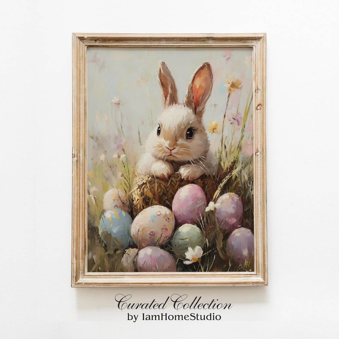 Bunny With Easter Eggs Painting, Vintage Style Spring Rabbit Print ...