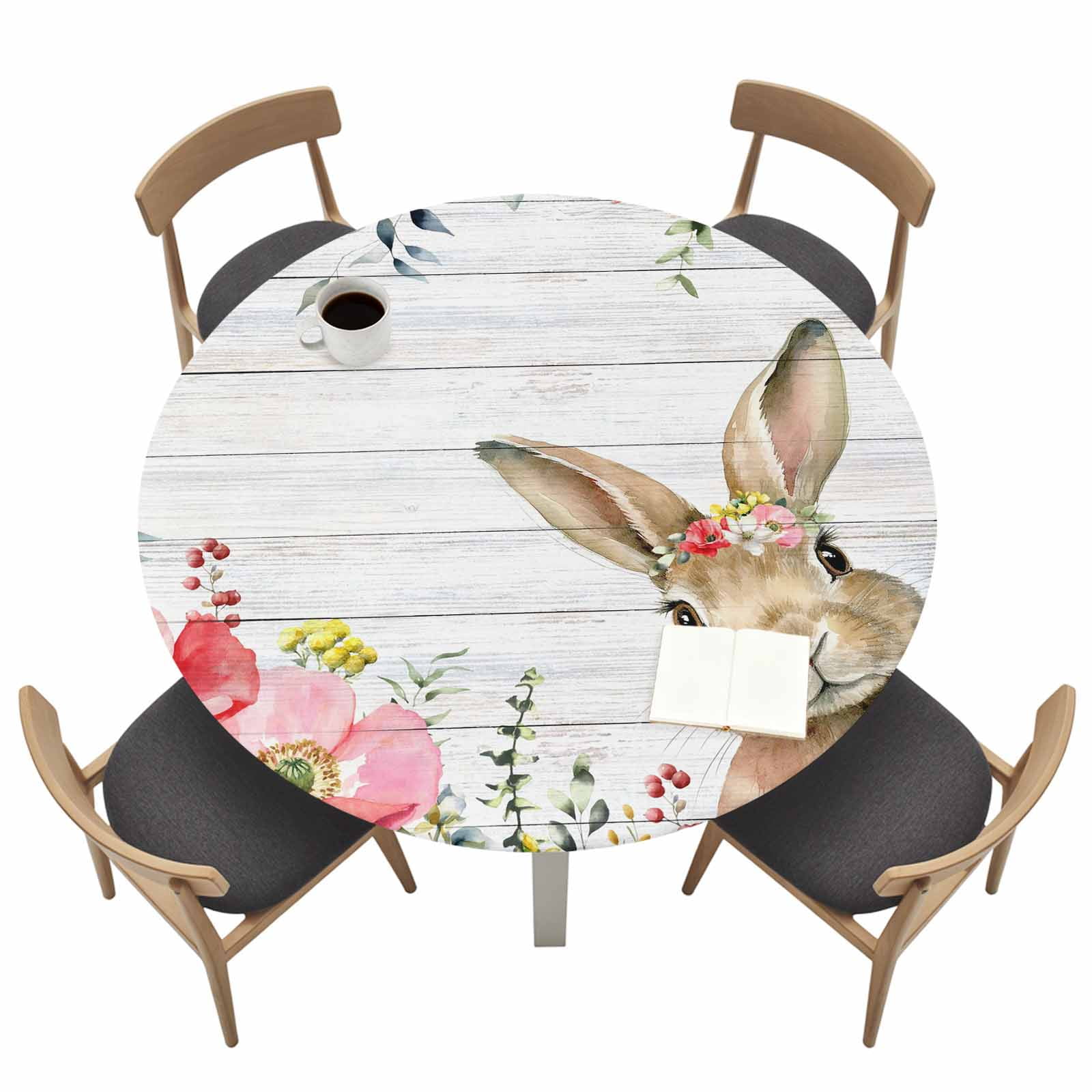 Bunny Easter Fitted Tablecloth with Elastic Edged, Round Table Cloth ...