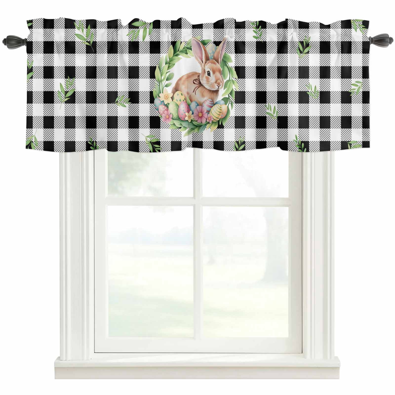 Bunny Easter Rod Pocket Curtain Valance, Eggs Spring Floral Black White ...