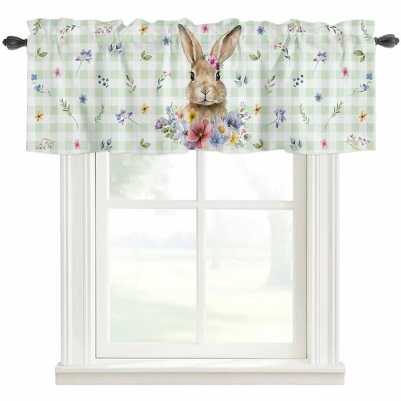 Bunny Easter Rod Pocket Curtain Valance, Green Plaid Spring Floral ...