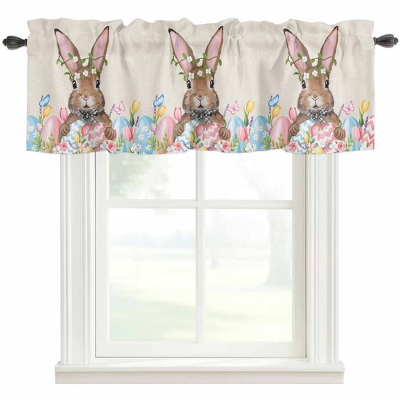 Bunny Easter Rod Pocket Curtain Valance, Pink Blue Eggs Tulips Floral ...