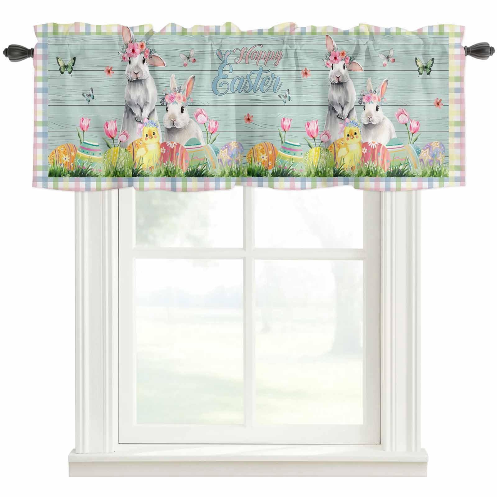 Bunny Easter Rod Pocket Curtain Valance, Spring Floral Eggs Animals ...