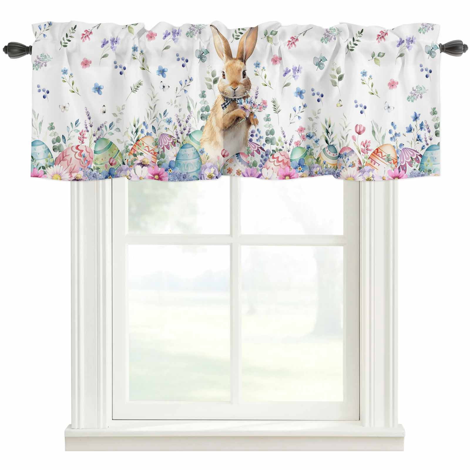 Bunny Easter Rod Pocket Curtain Valance, Spring Floral Rabbits Eggs ...