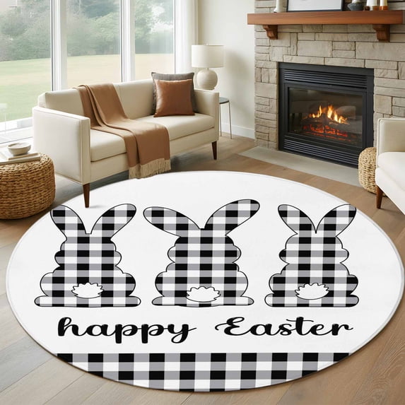 Bunny Easter Round Rug 5ft Washable Circle Kitchen Rugs Non Slip Black ...