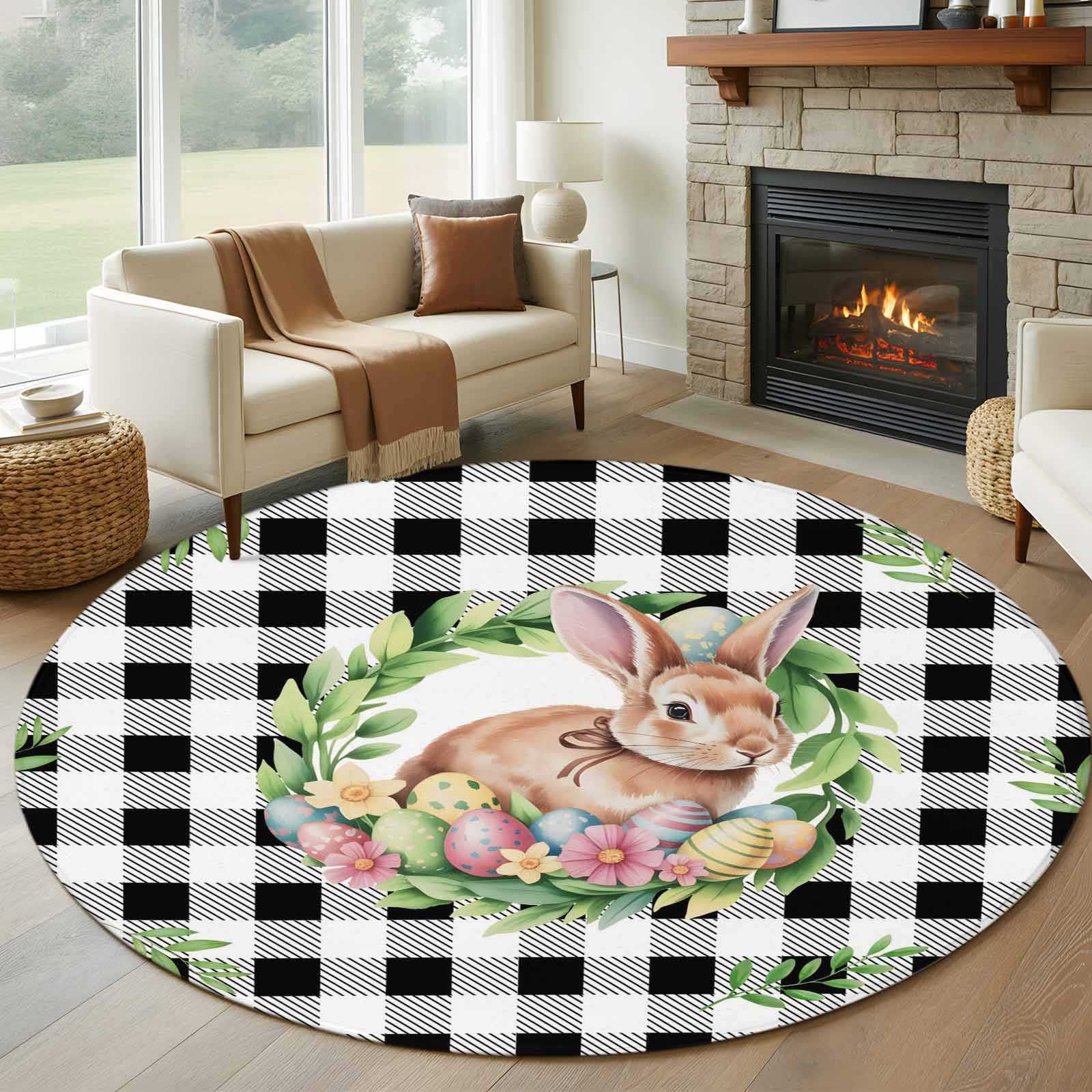 Bunny Easter Round Rug 6ft Washable Circle Kitchen Rugs Non Slip Eggs ...