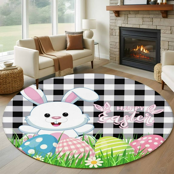 Bunny Easter Round Rug 8ft Washable Circle Rugs Non Slip Spring Floral ...
