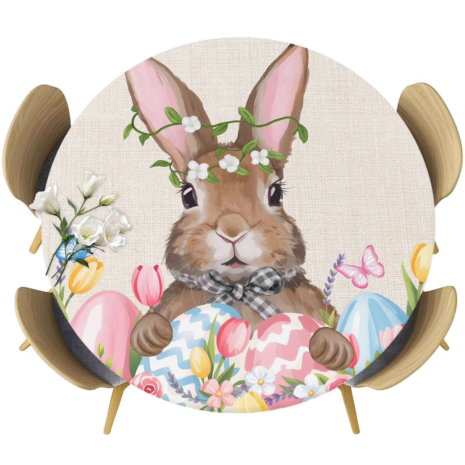 Bunny Easter Round Tablecloth, Fitted Table Cover with Elastic for 36 ...