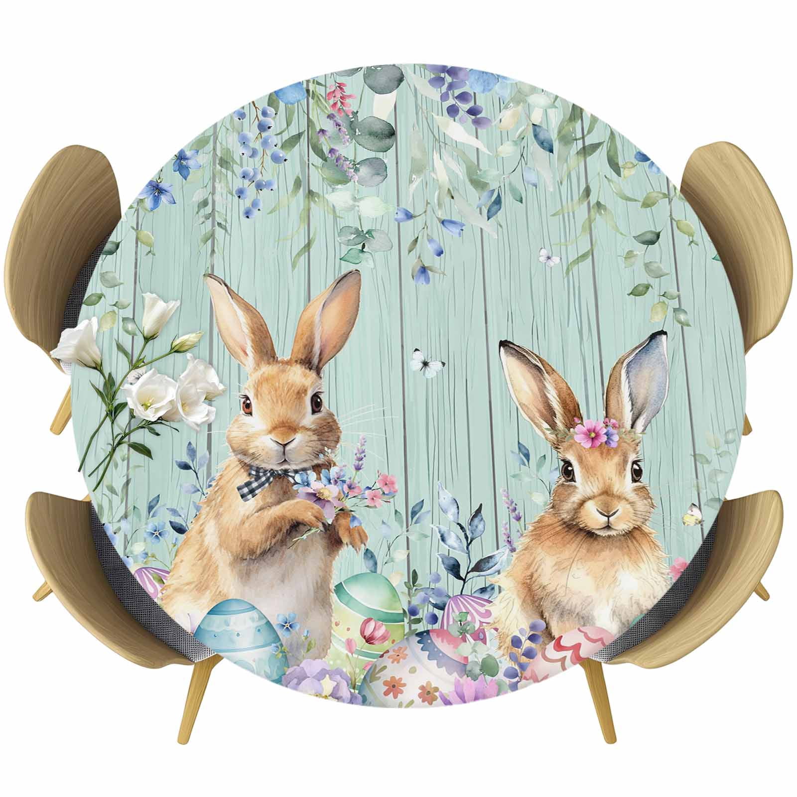 Bunny Easter Round Tablecloth, Fitted Table Cover with Elastic for 55 ...