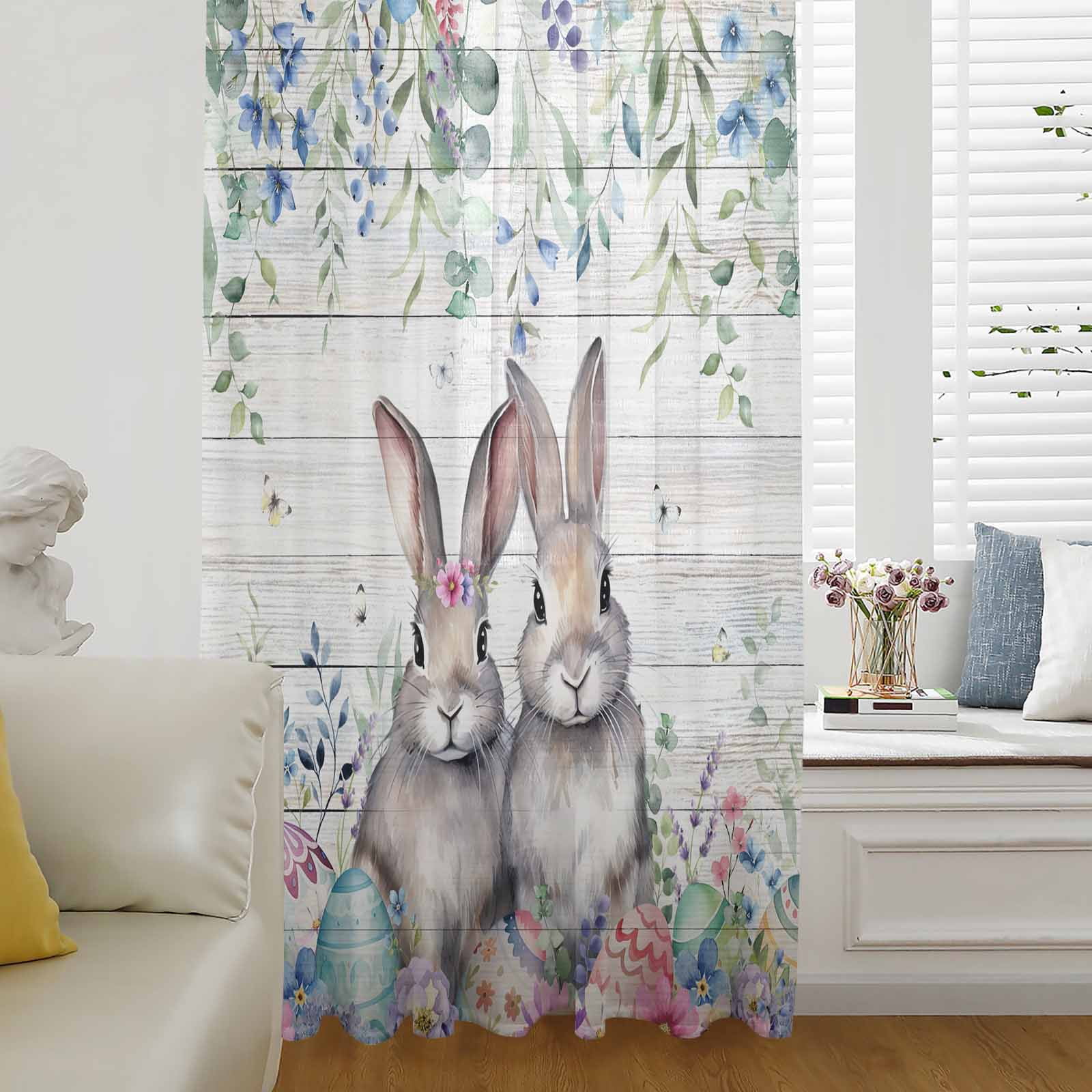 Bunny Easter Semi Sheer Curtains Drapes for Living Room,Bedroom,French ...