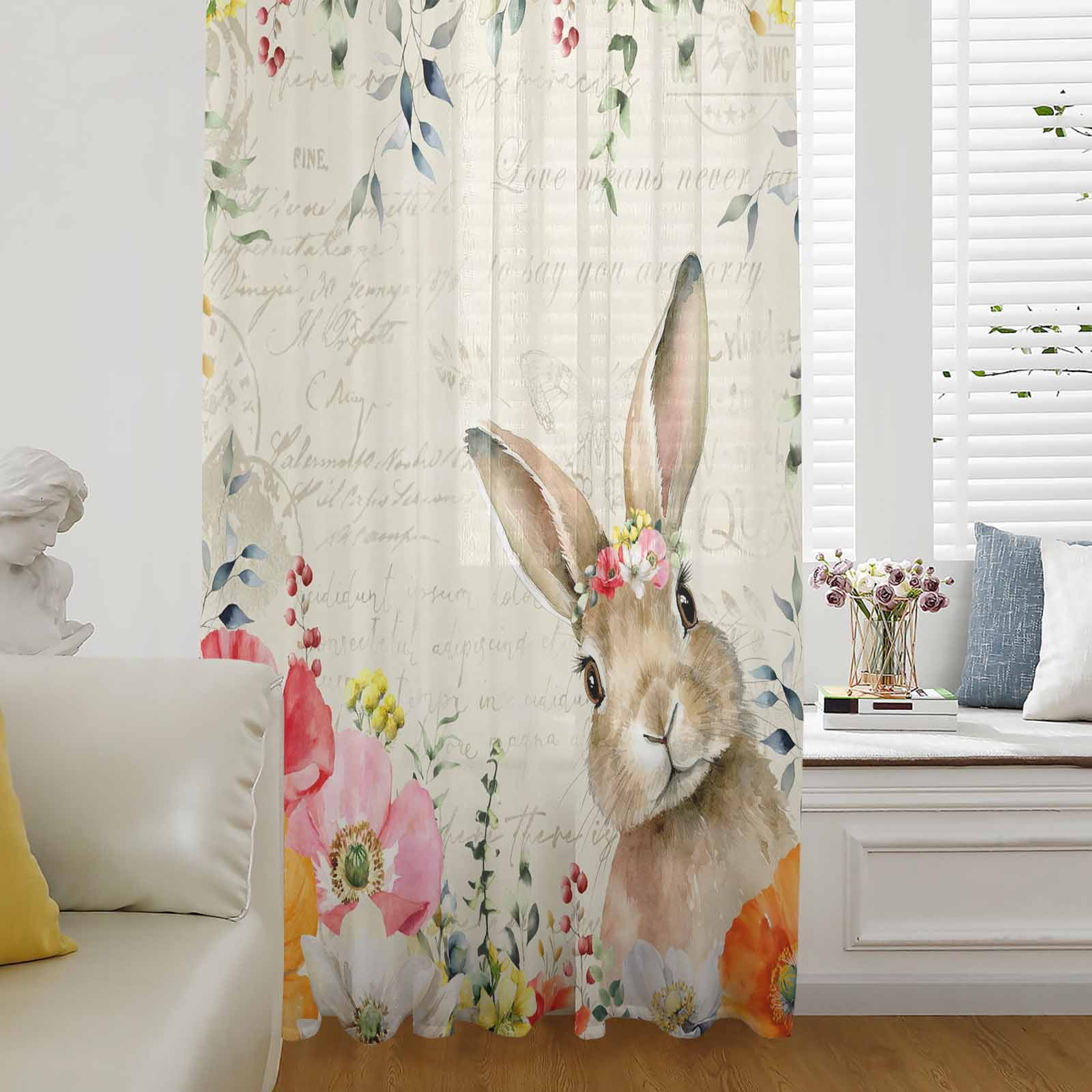 Bunny Easter Semi Sheer Curtains Drapes for Living Room,Bedroom,French ...
