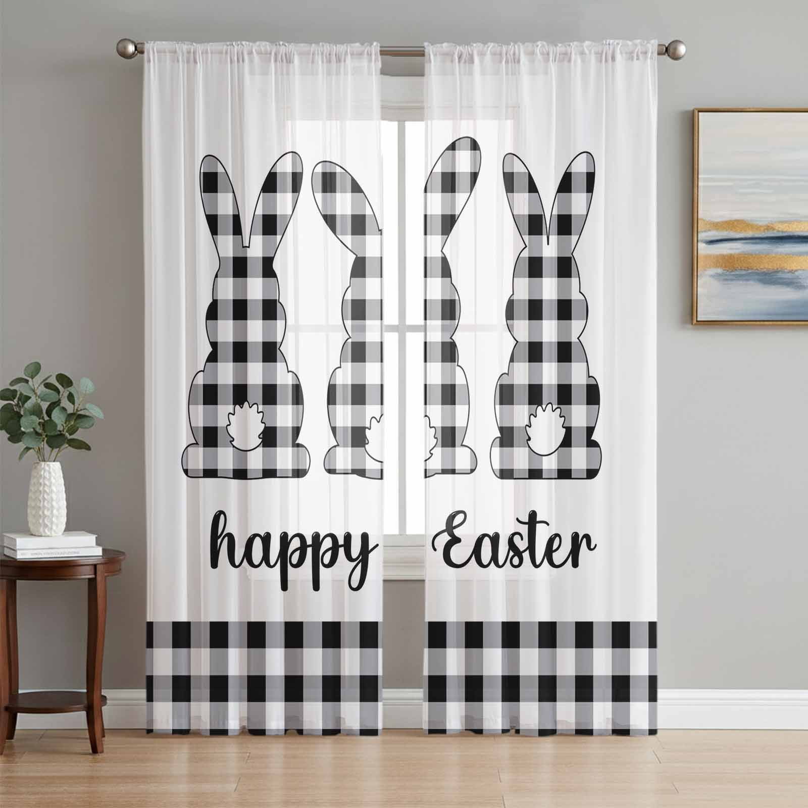 Bunny Easter Sheer Curtains 72 Inch Length 2 Panels Set, Black White ...
