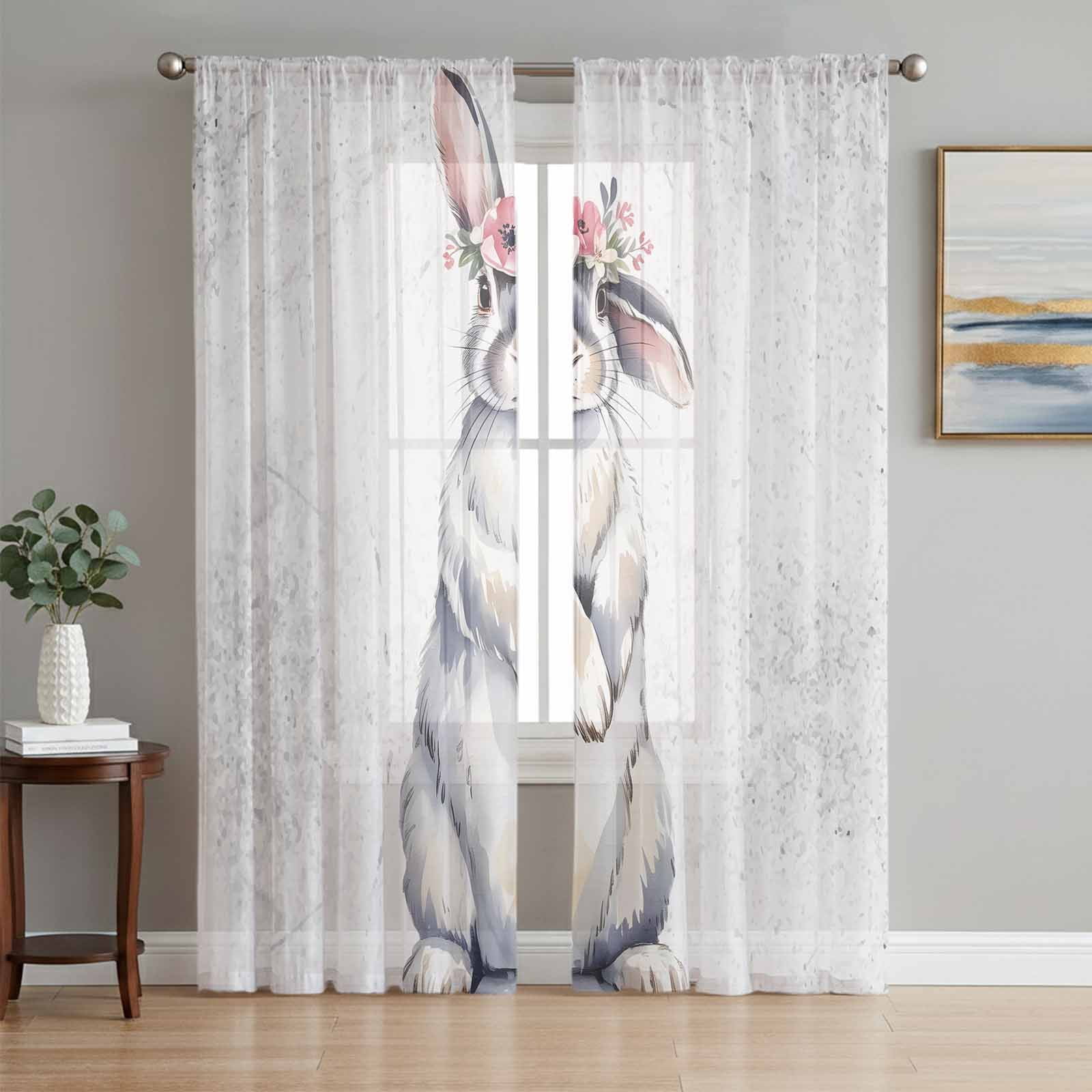 Bunny Easter Sheer Curtains 96 Inch Length 2 Panels Set, Rabbits ...