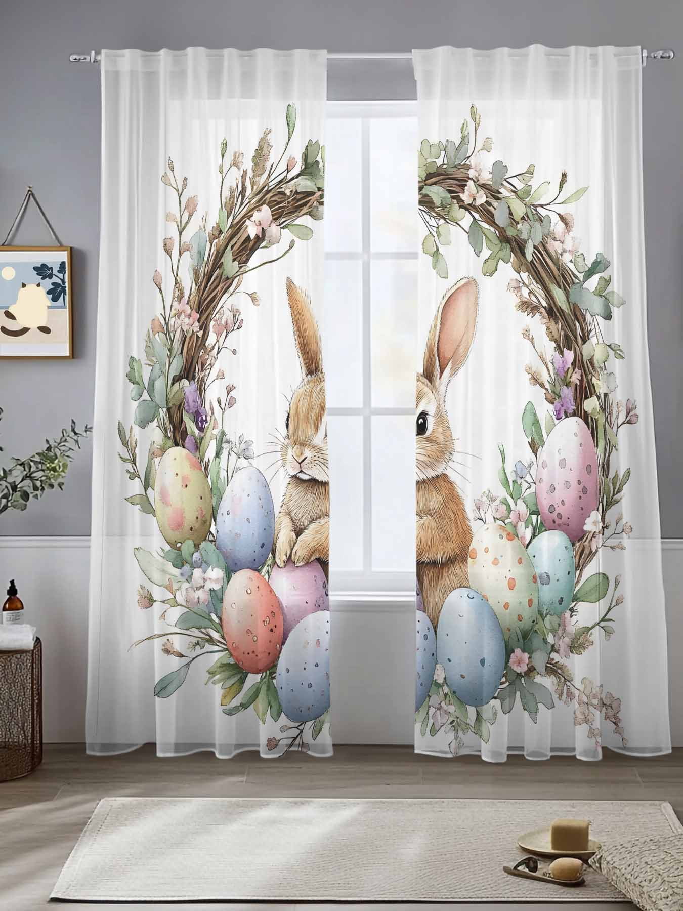 Bunny Easter Sheer Curtains for Living Room Bedroom Spring Floral ...