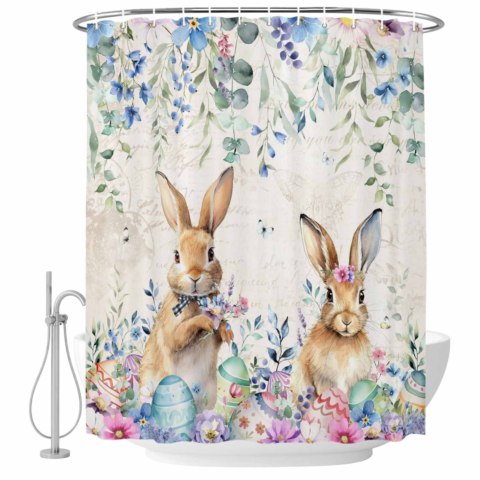 Bunny Easter Shower Curtain Set - Extra Long 72" x 96" Washable Bathtub ...