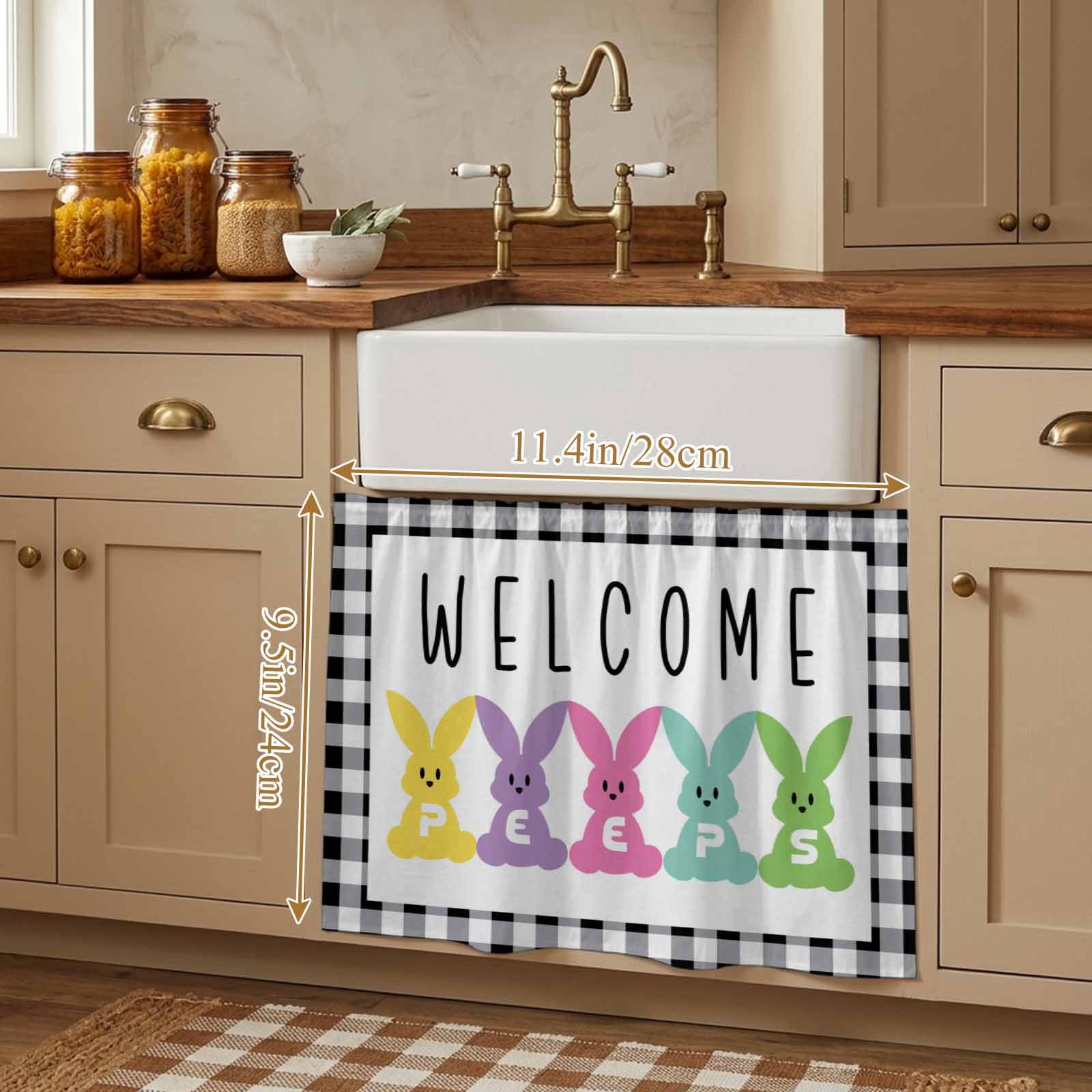 Bunny Easter Small Cabinet Curtains 10"W x 11"L, Black White Checkered ...