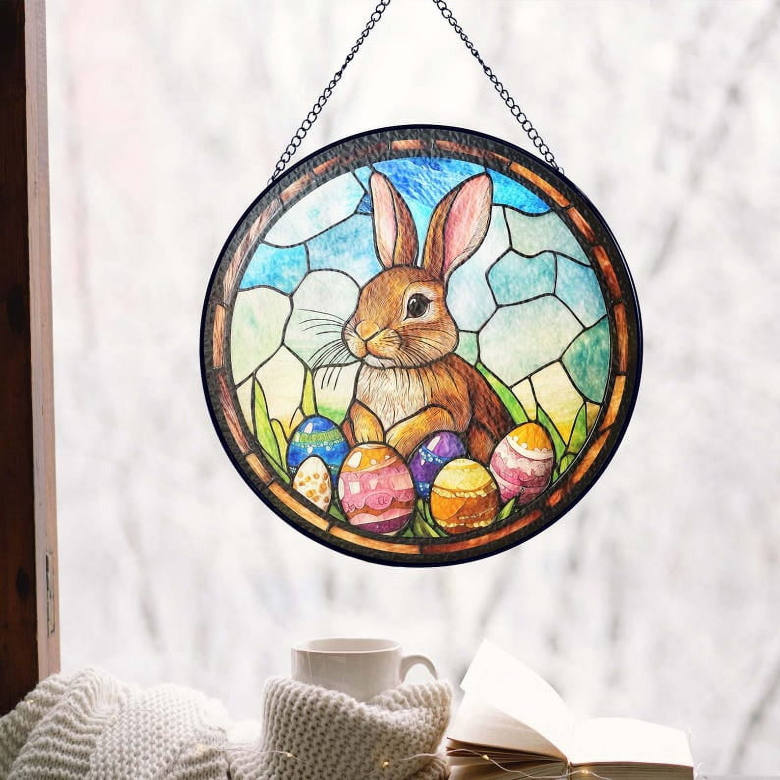 Bunny Easter Stained Glass Suncatcher, Rabbit with Easter Egg Hanging ...